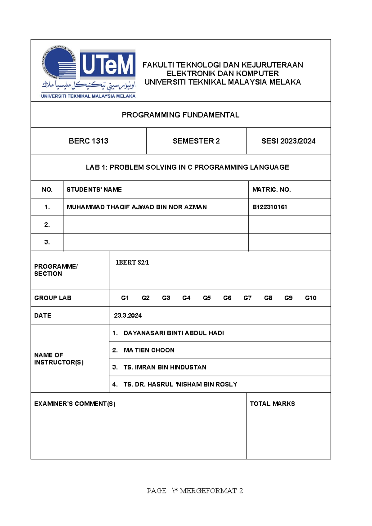 BERC 1313 Lab 1 Problem Solving IN C 2023 2024 sem2 - PROGRAMMING FUNDAMENTAL BERC 1313 SEMESTER ...