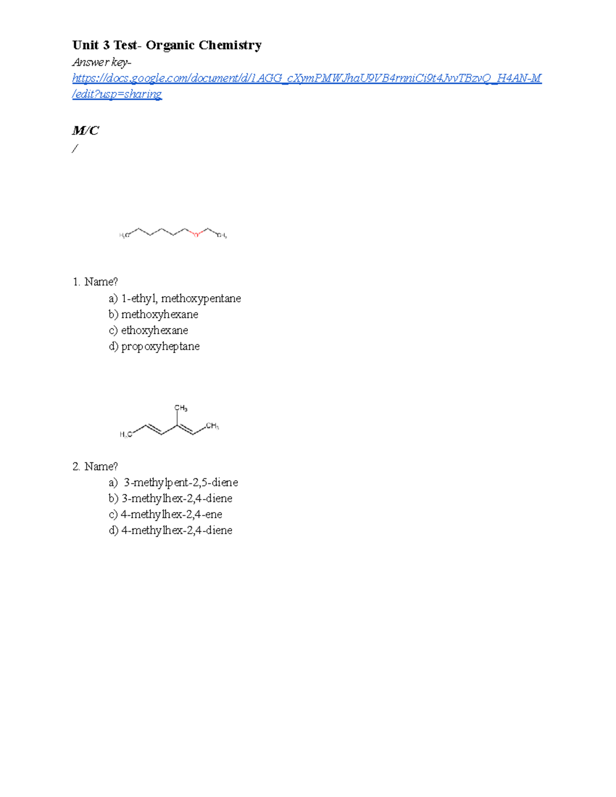 Organic Chemistry Test - Unit 3 Test- Organic Chemistry Answer key ...