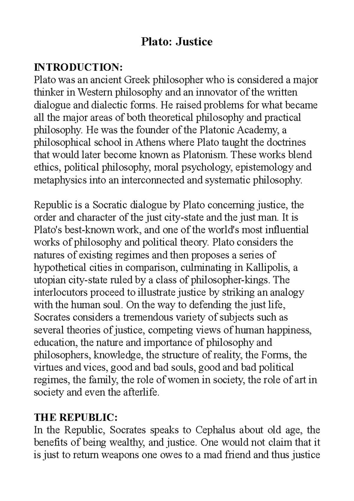 Plato's justice - Plato: Justice INTRODUCTION: Plato was an ancient ...