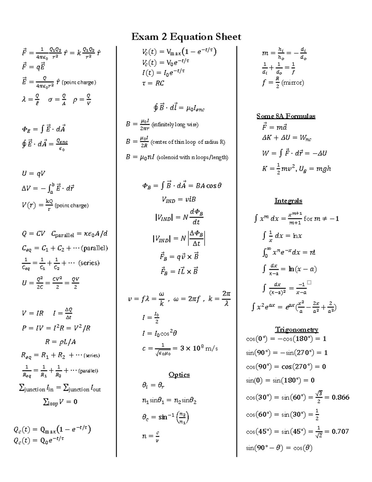 Equation Sheet Exam 2 Physics Exam 2 Equation Sheet 1 4 