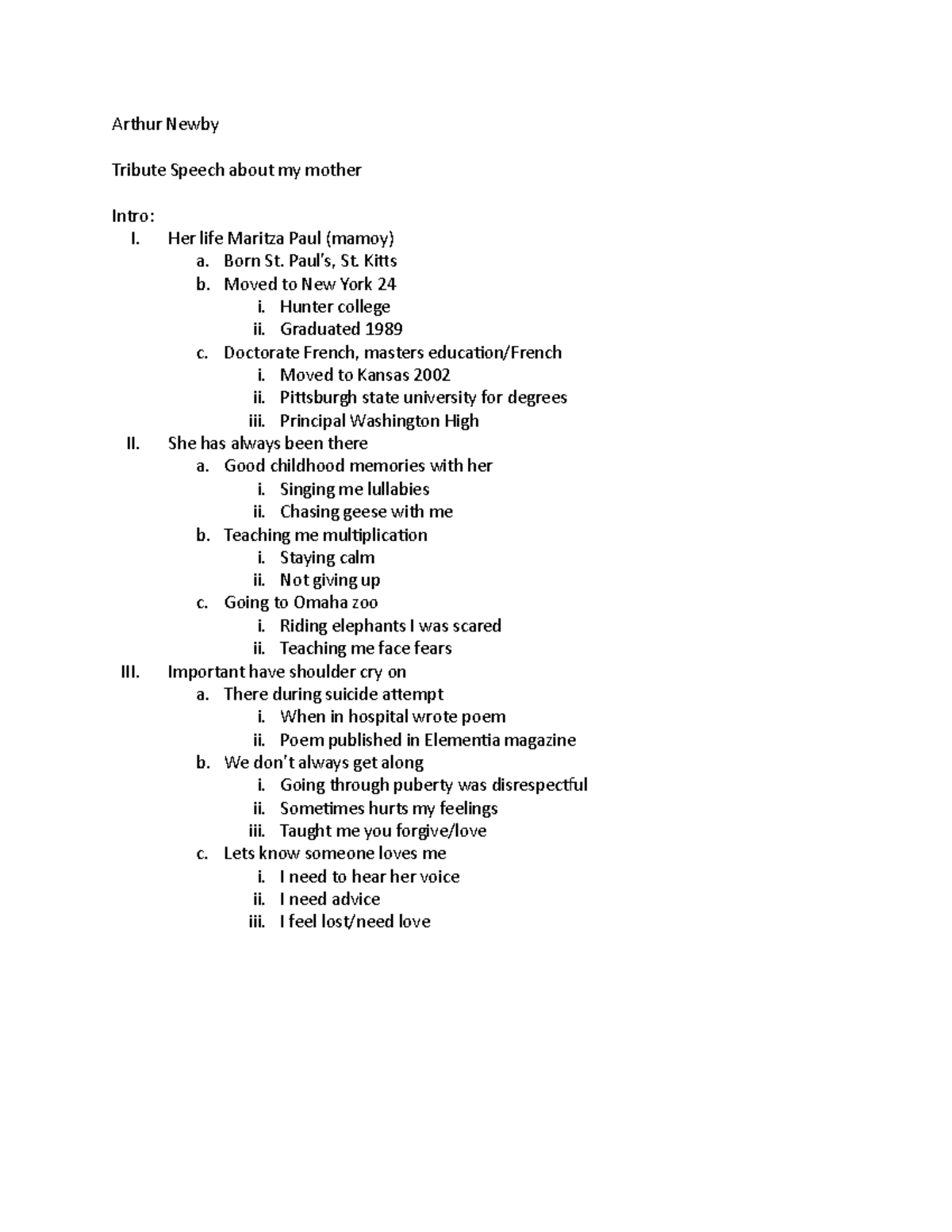 Tribute Speech Outline - Arthur Newby Tribute Speech about my mother ...