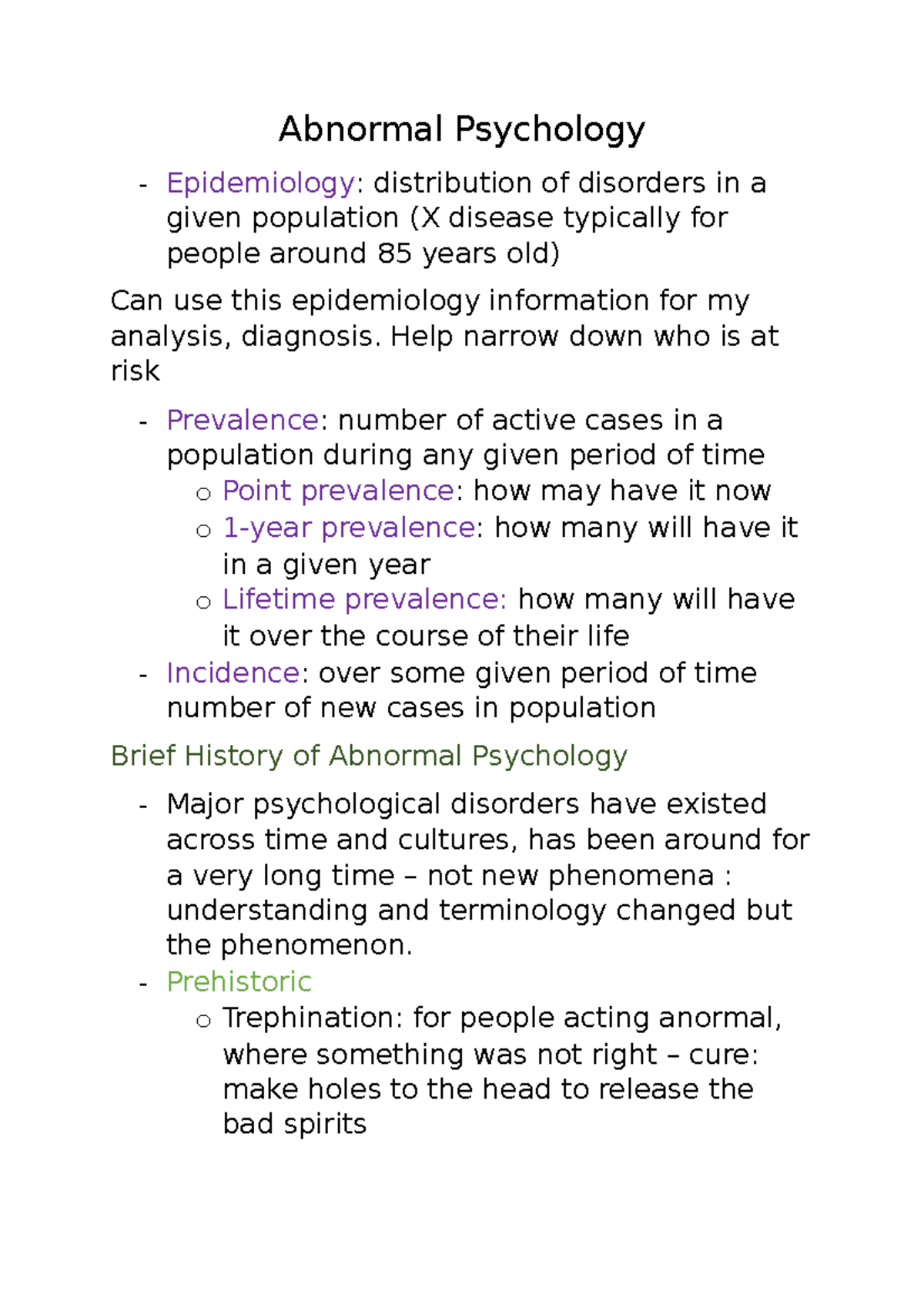 Notes 1 - Vocab - Abnormal Psychology Epidemiology: distribution of ...