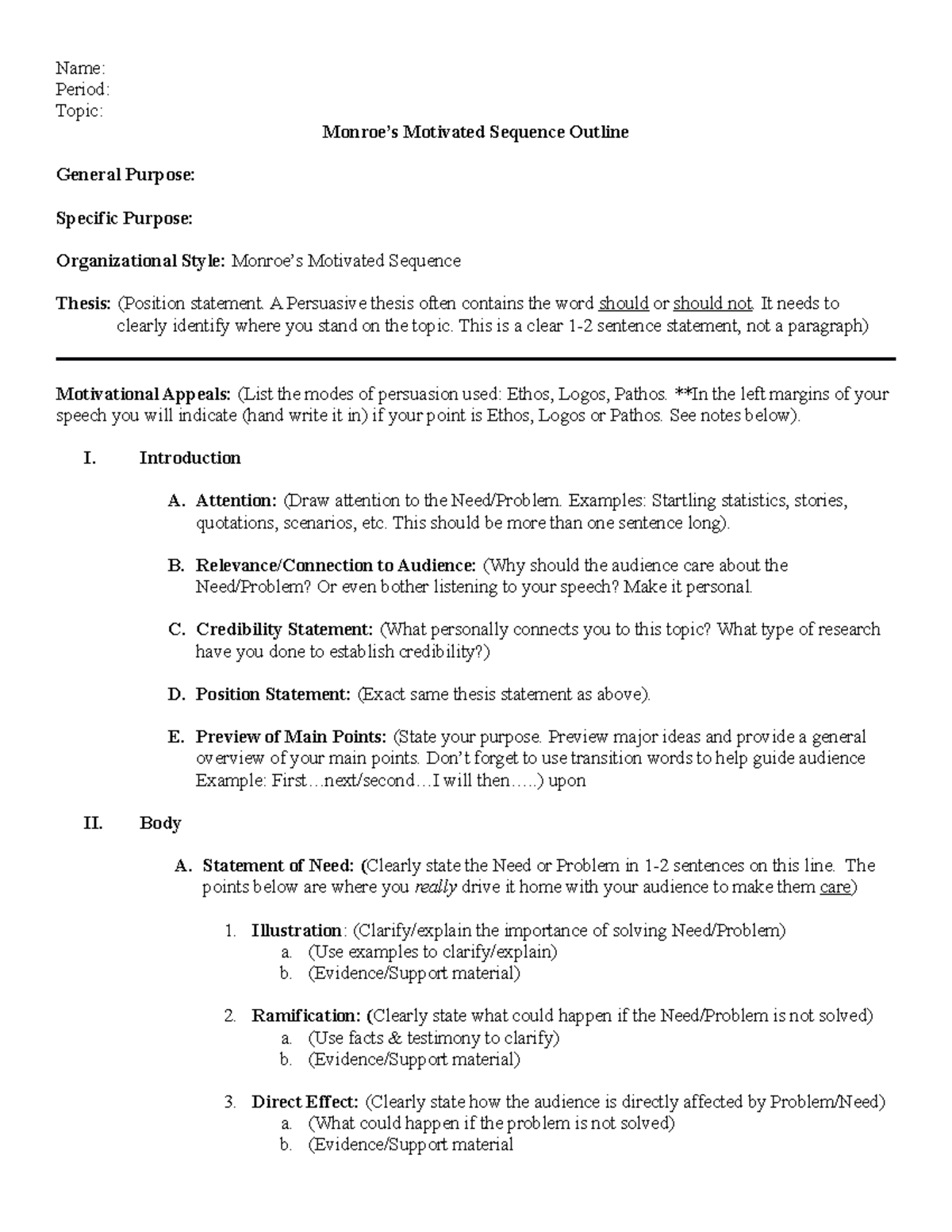Persuasive Outline Template - Name: Period: Topic: Monroe’s Motivated ...