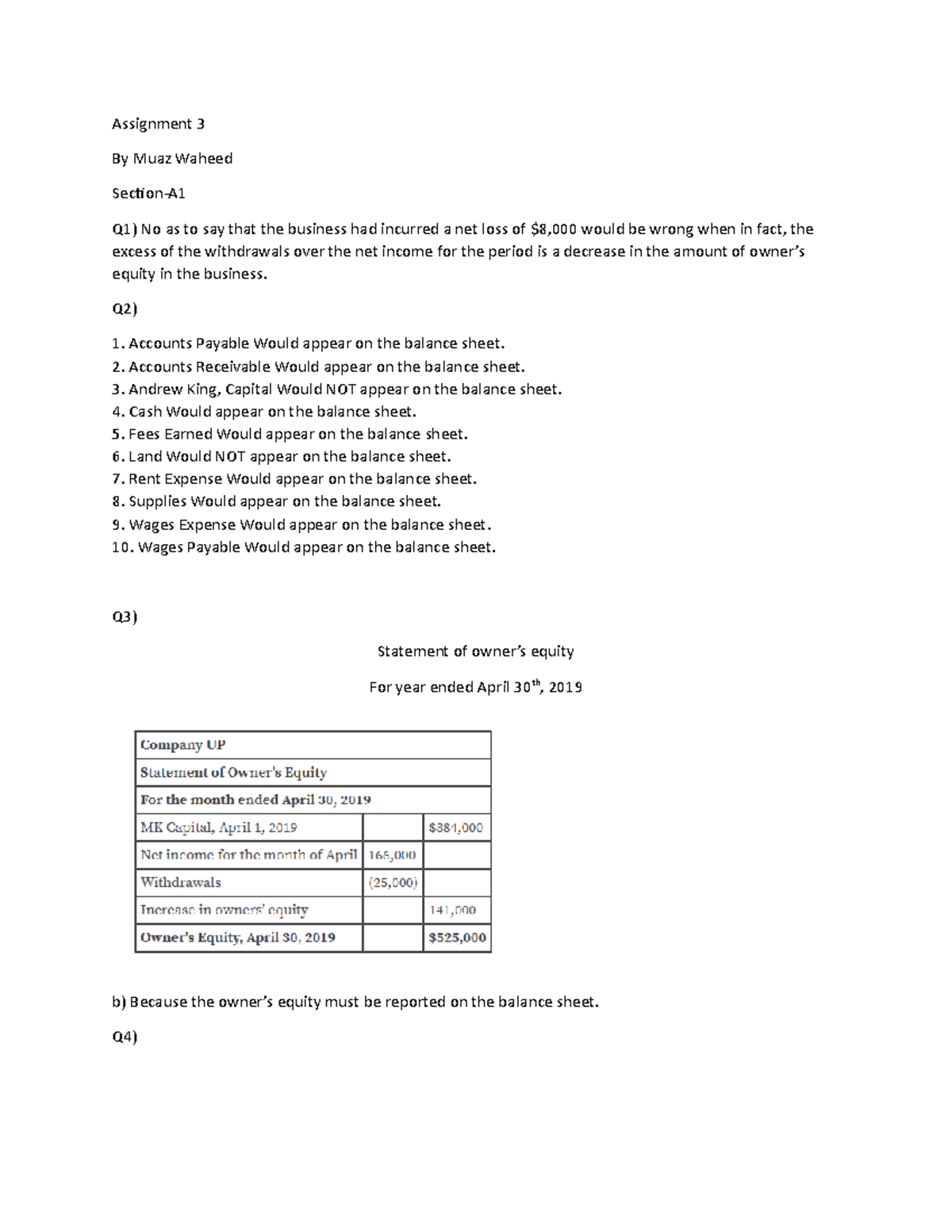 Assignment 3 - Q2) Accounts Payable Would appear on the balance sheet. Accounts Receivable Would ...