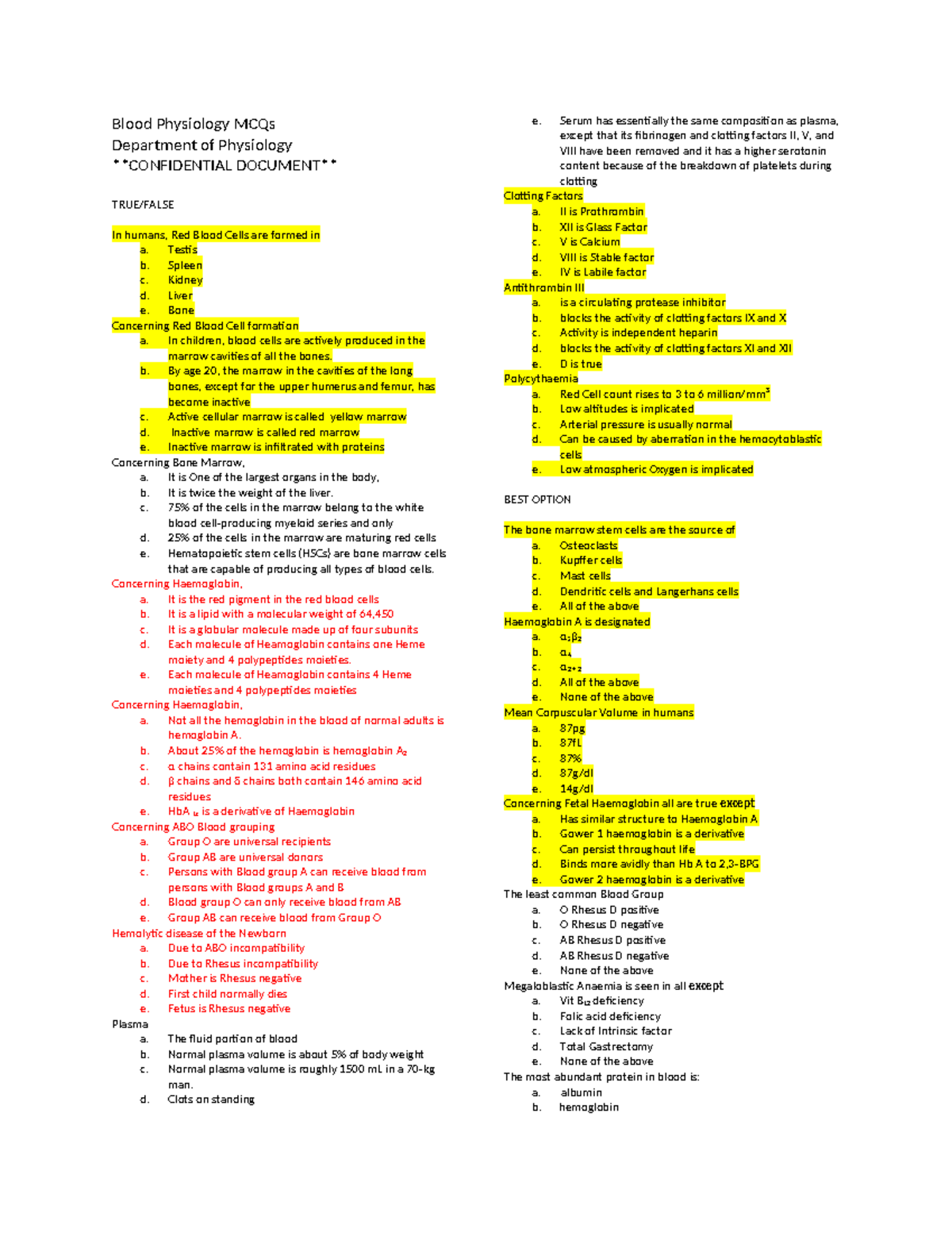 Blood Physiology Mcqs Bank Blood Physiology Mcqs Department Of