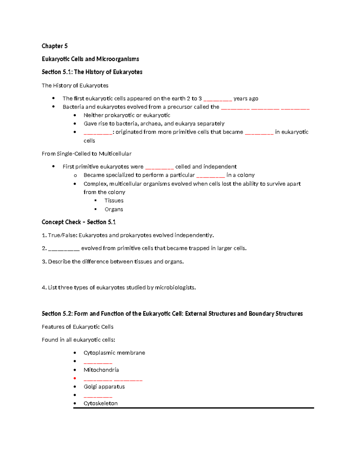 Ch 5 notes with blanks - mciro - Chapter 5 Eukaryotic Cells and ...