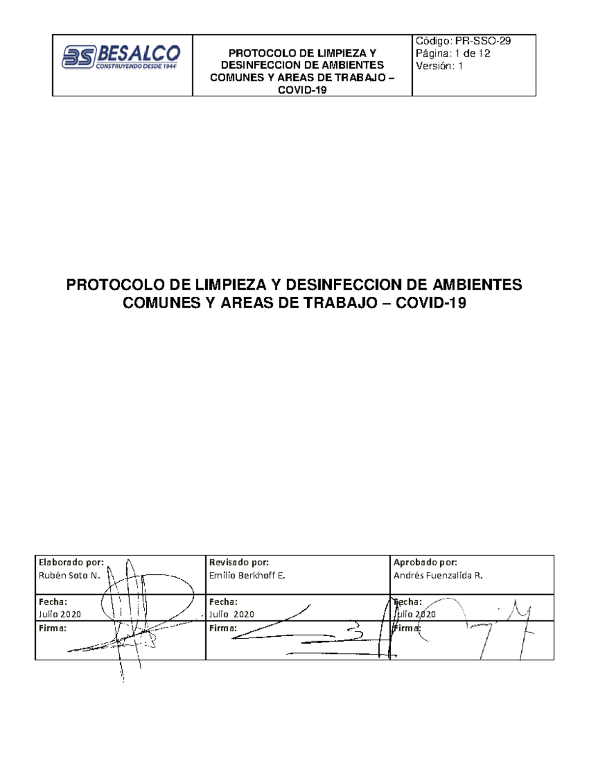PR-SSO-29 Procedimiento Limpieza y desinfección final Rev - PROTOCOLO DE LIMPIEZA Y DESINFECCION ...