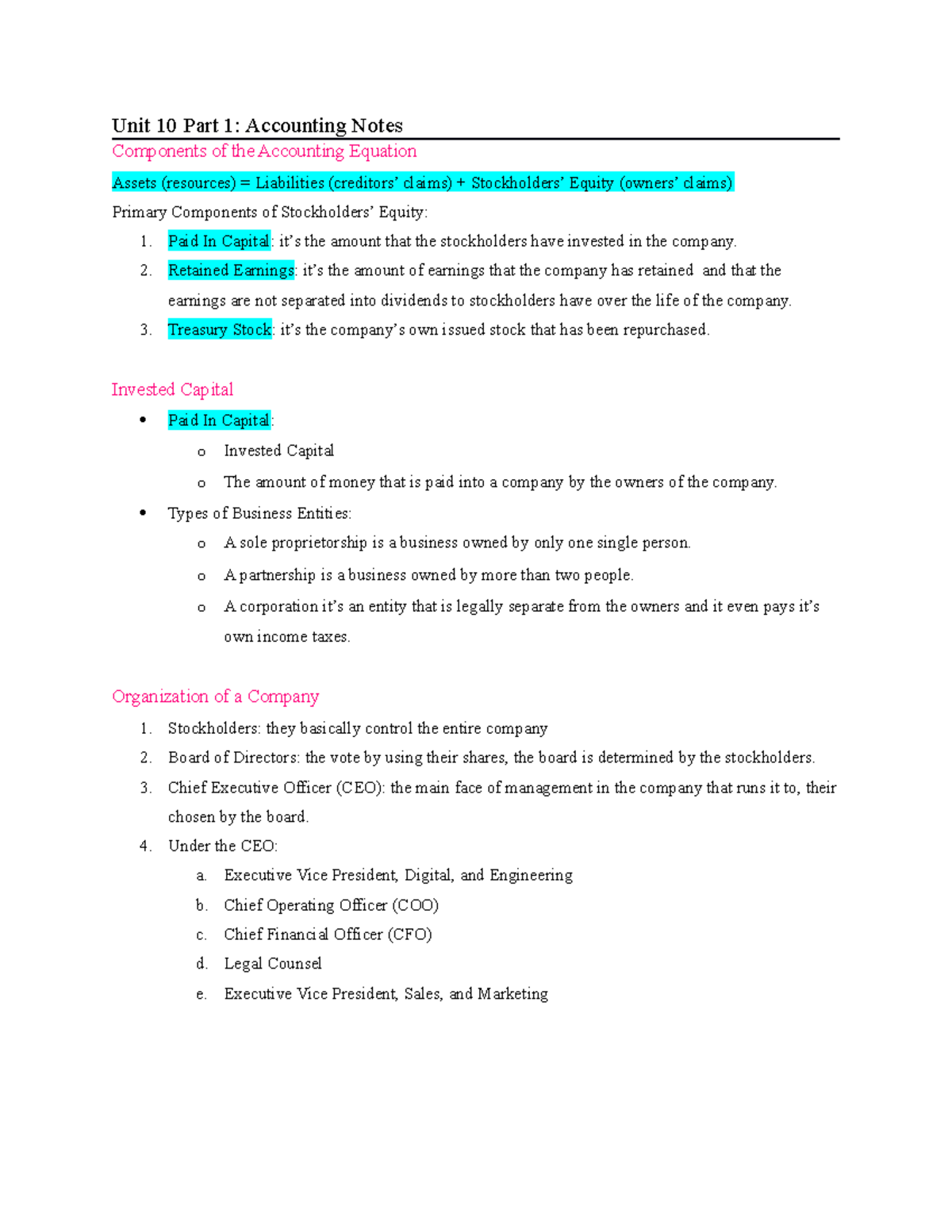 Unit 10 Part 1 - notes - Unit 10 Part 1: Accounting Notes Components of ...