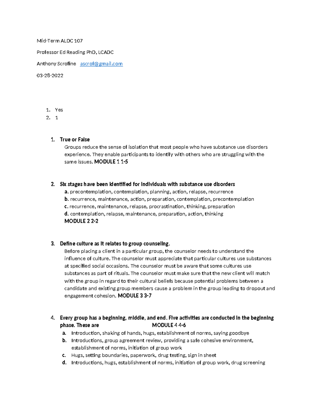Mid - Mid-Term ALDC 107 Professor Ed Reading PhD, LCADC Anthony ...