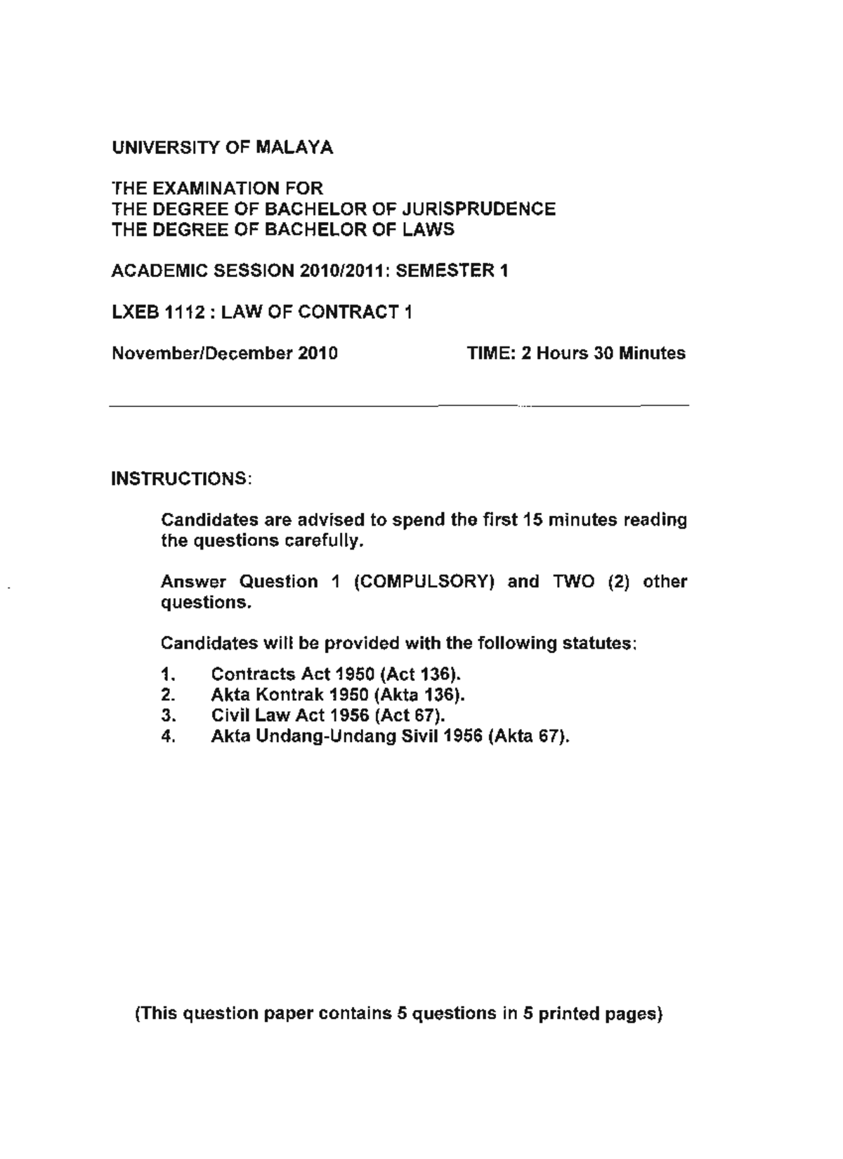 LXEB1112 E 1 2010 - pyq - UNIVERSITY OF MALAYA THE EXAMINATION FOR THE ...