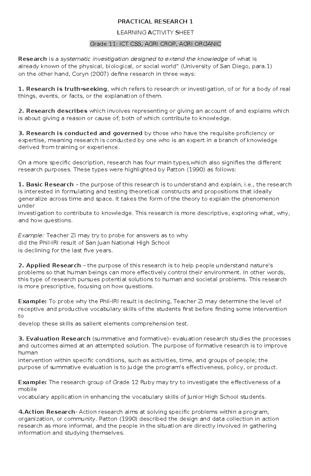 PRAC 1 LAS M1 - PRAC 1 - PRACTICAL RESEARCH 1 LEARNING ACTIVITY SHEET ...