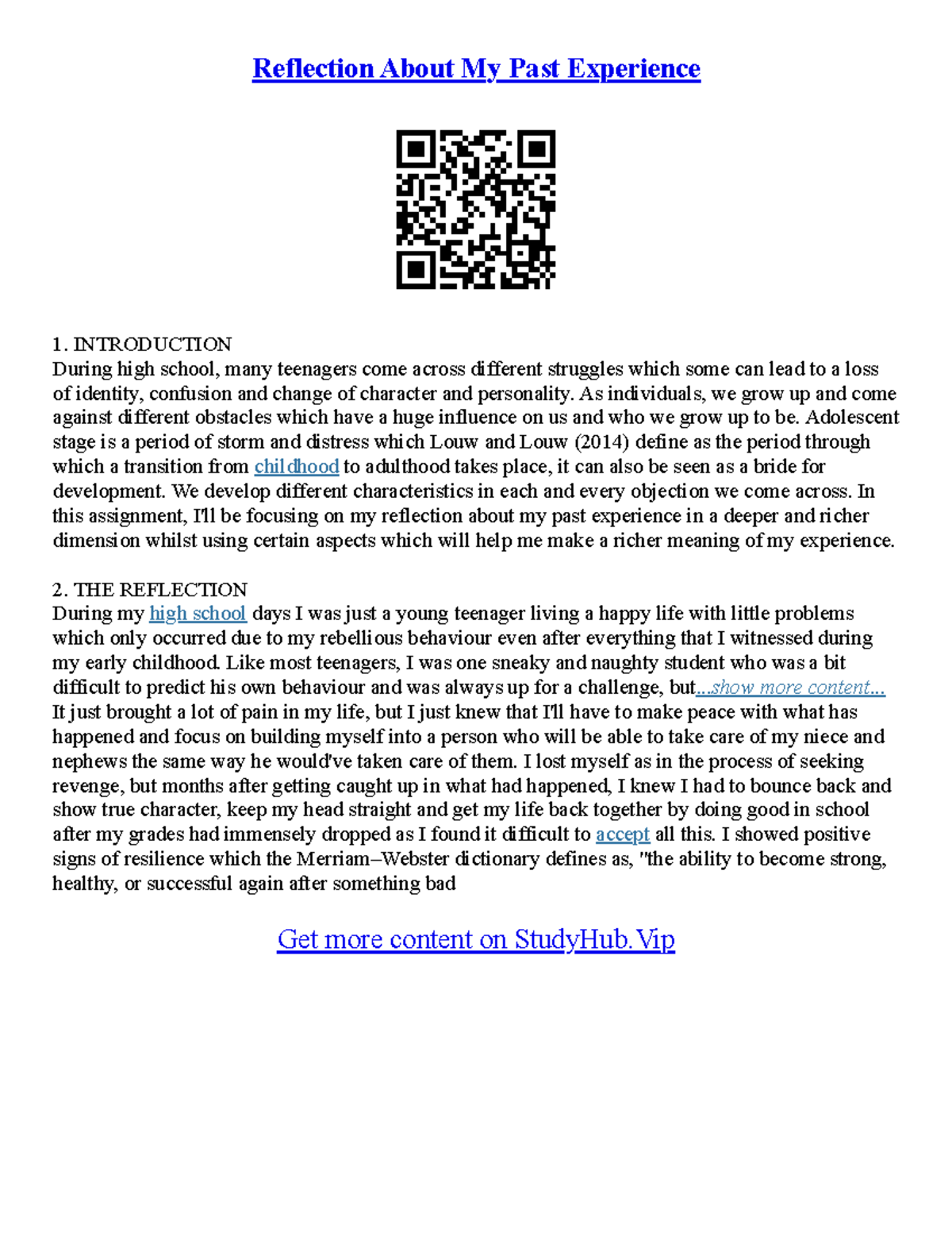 Refutation Essay Example - Reflection About My Past Experience 1 ...