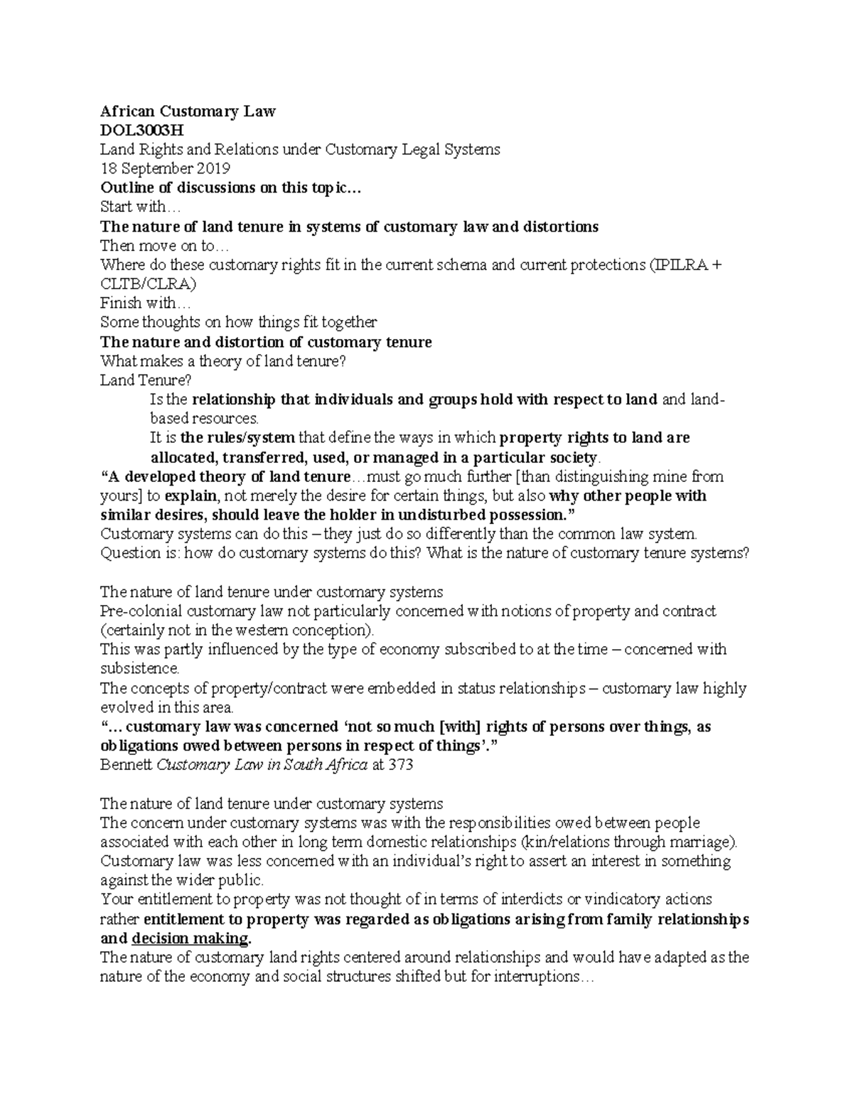 Guest Lecture-Land - Land - African Customary Law DOL3003H Land Rights ...