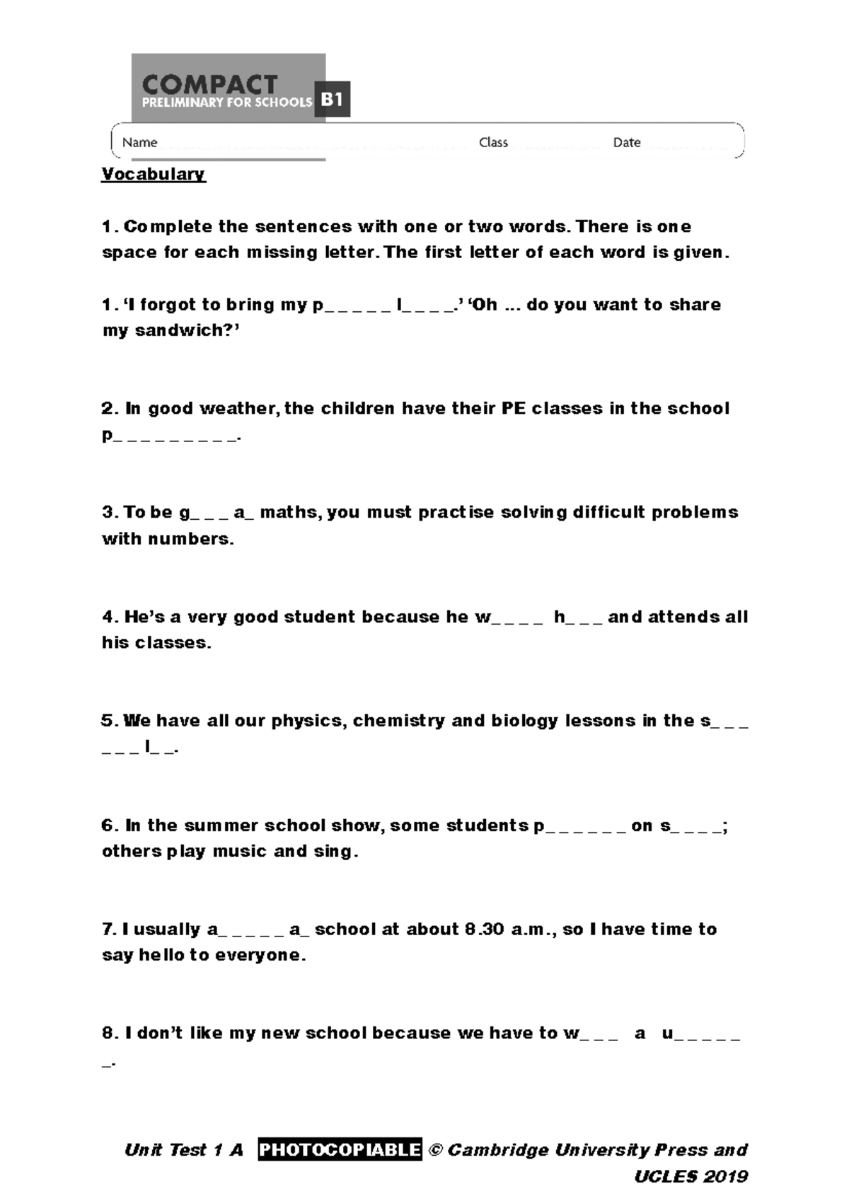 compact pet for schools unit 1 test - Vocabulary Complete the sentences ...