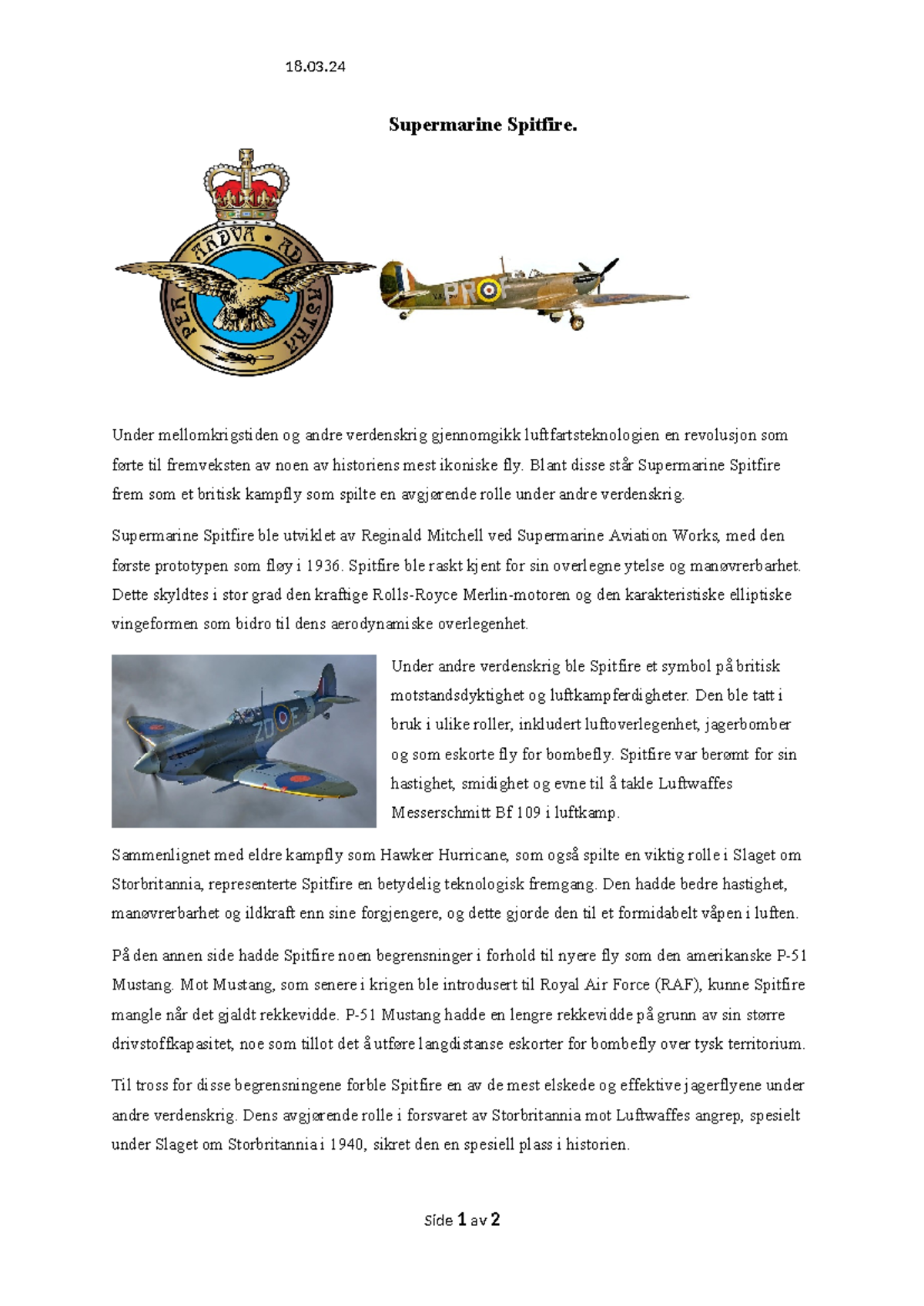 Supermarine Spitfire - 18. Supermarine Spitfire. Under mellomkrigstiden og andre verdenskrig ...