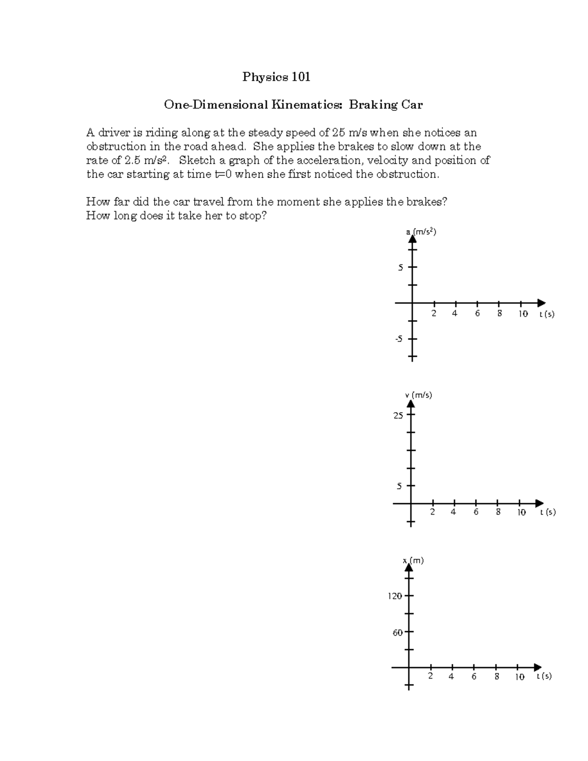 Discussion 1 - One-Dimensional Kinematics: Braking Car A driver is ...