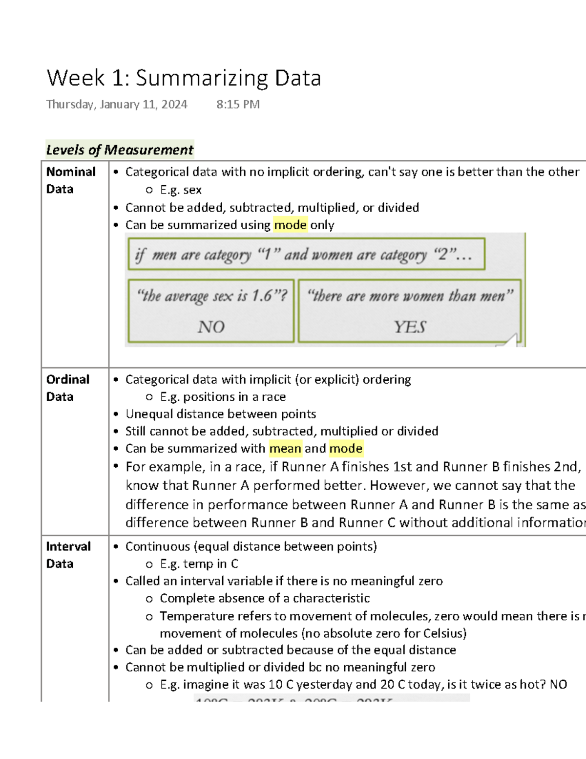 Week 1 Summarizing Data - Levels of Measurement Nominal Data ...