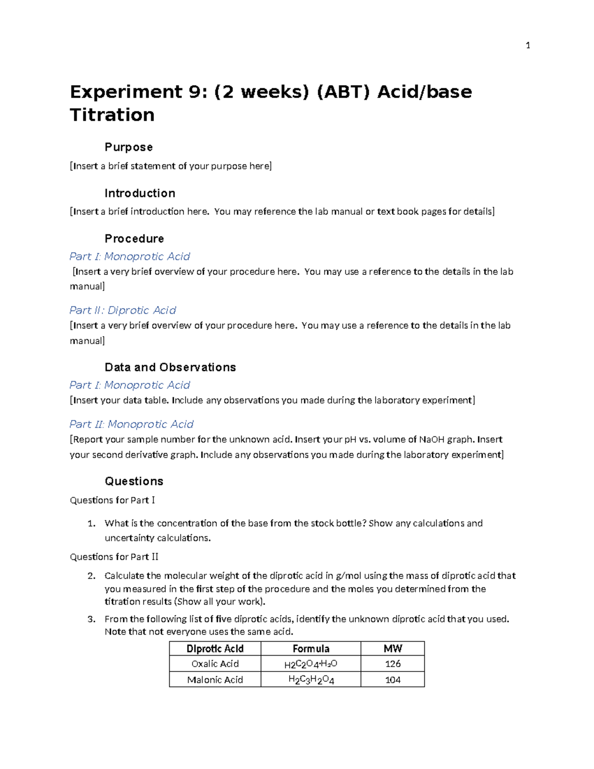 Template Acid Base Titration - Experiment 9: (2 weeks) (ABT) Acid/base ...