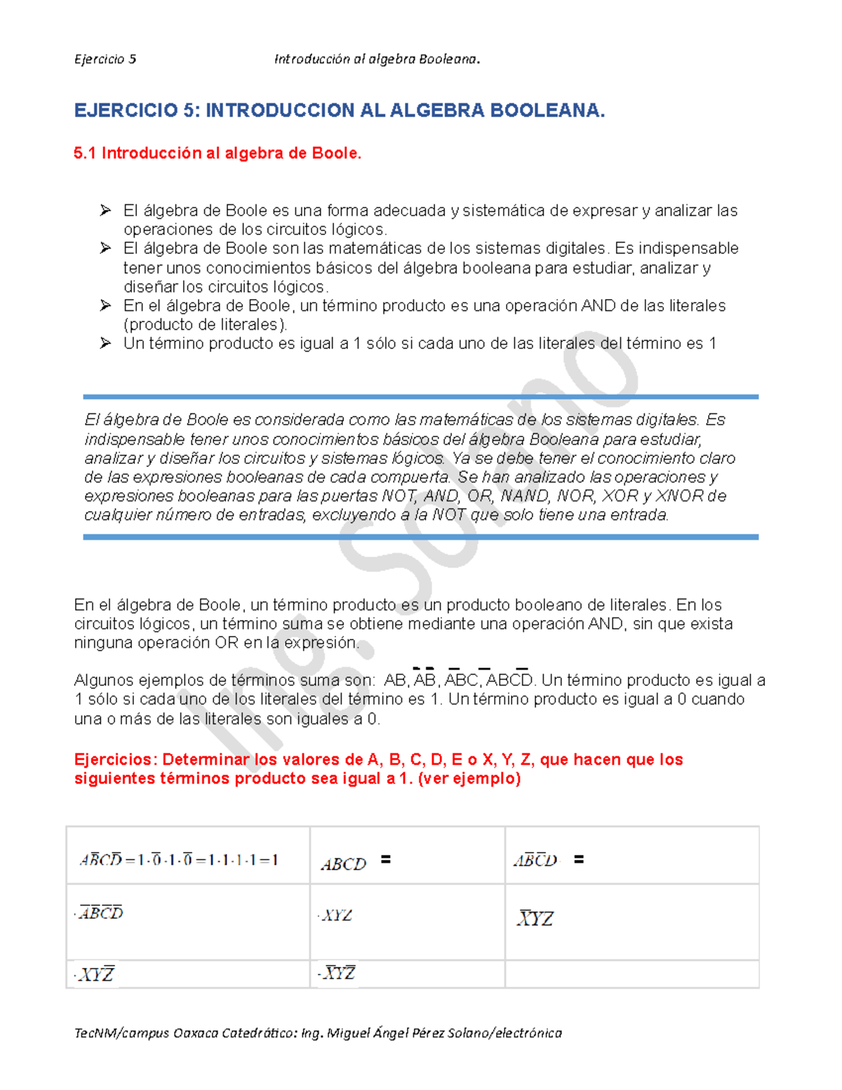 A1.5 Algebra Booleana - EJERCICIO 5: INTRODUCCION AL ALGEBRA BOOLEANA ...