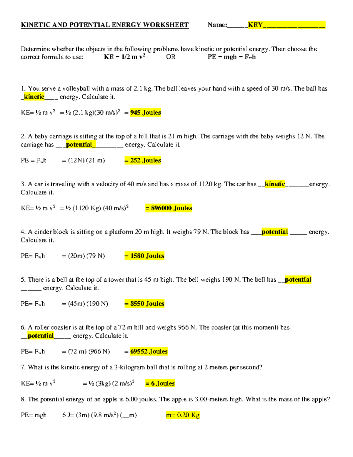 Honors physics kinetic and potenial energy worksheet key - KINETIC AND ...