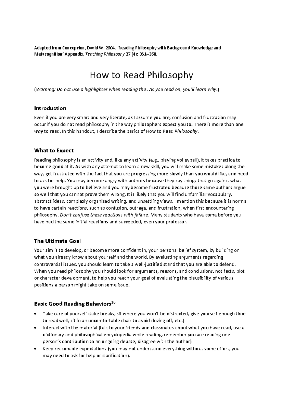 Concepción - How to Read Philosophy - Adapted from Concepción, David W ...