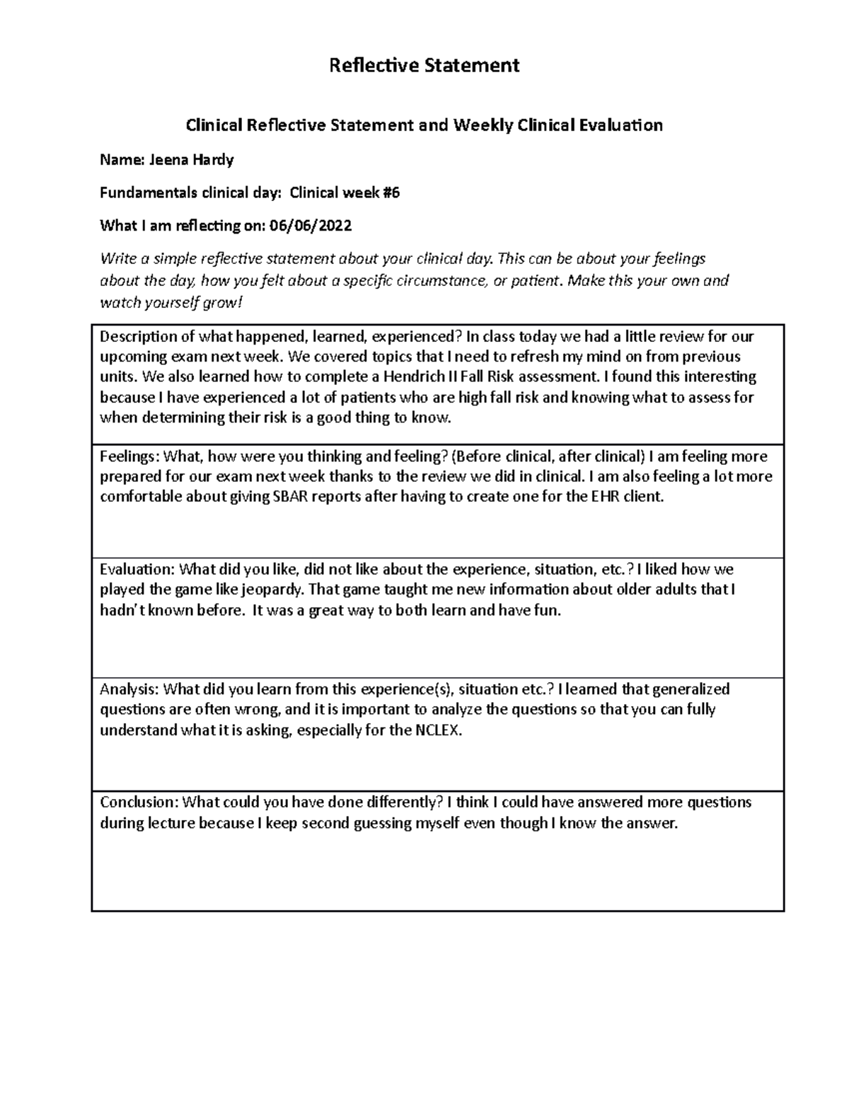 Clinical reflective statement and Weekly Clinical Evalution ...