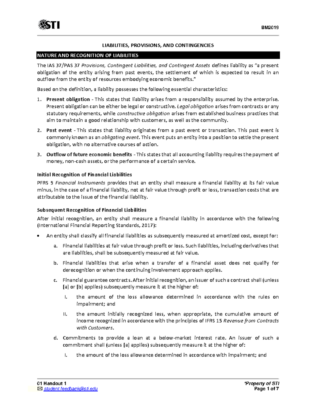 01 Handout 1(18) Acctg - 01 Handout 1 *Property of STI LIABILITIES, PROVISIONS, AND ...