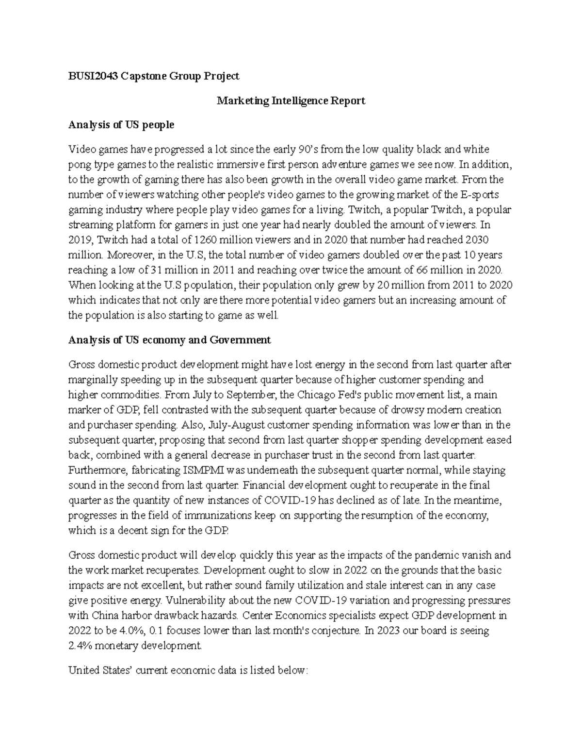 Marketing Intelligence Report - Part 1 - BUSI2043 Capstone Group ...