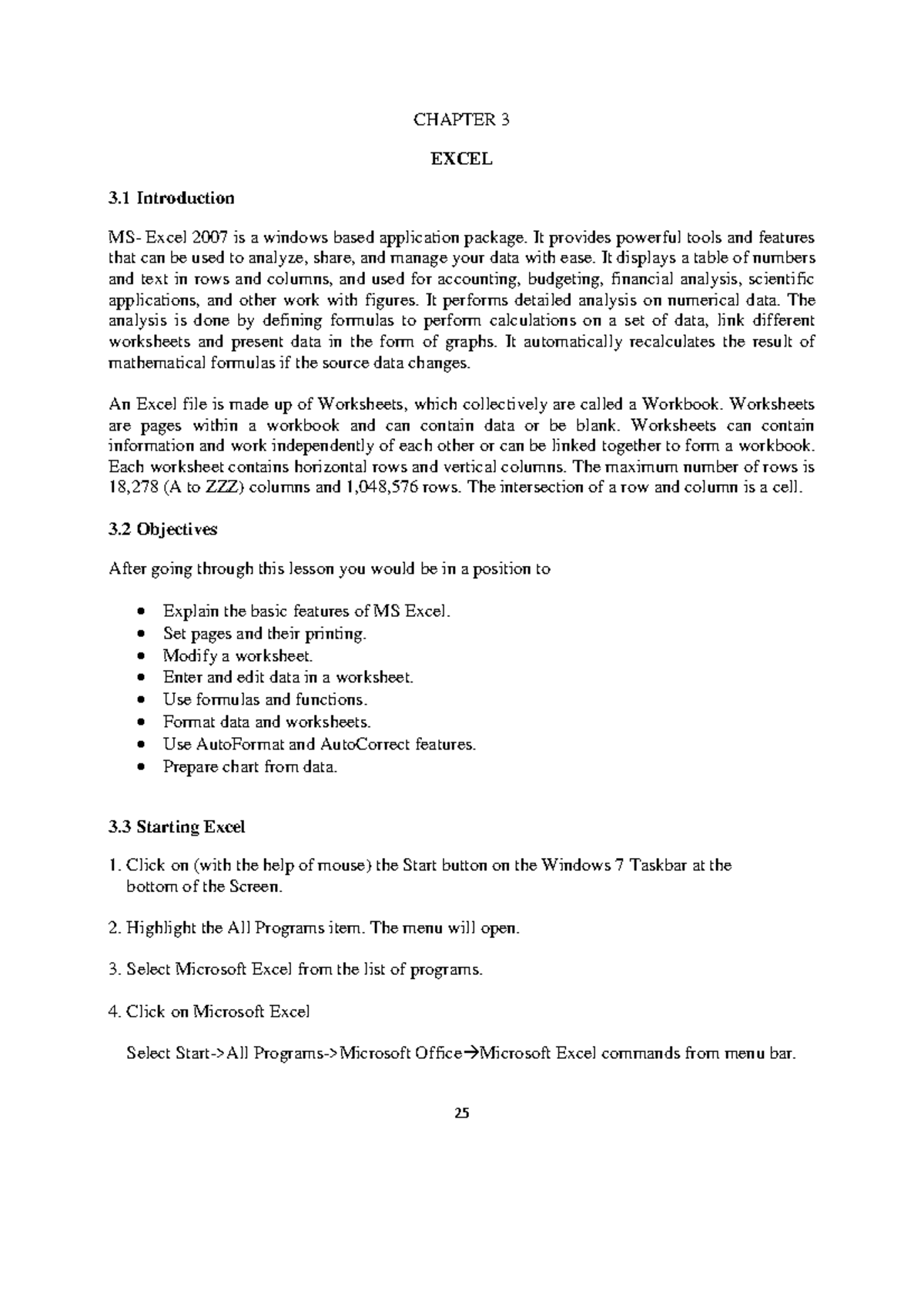 Typo Ch3 Excel - CHAPTER 3 EXCEL 3 Introduction MS- Excel 2007 is a windows based application ...