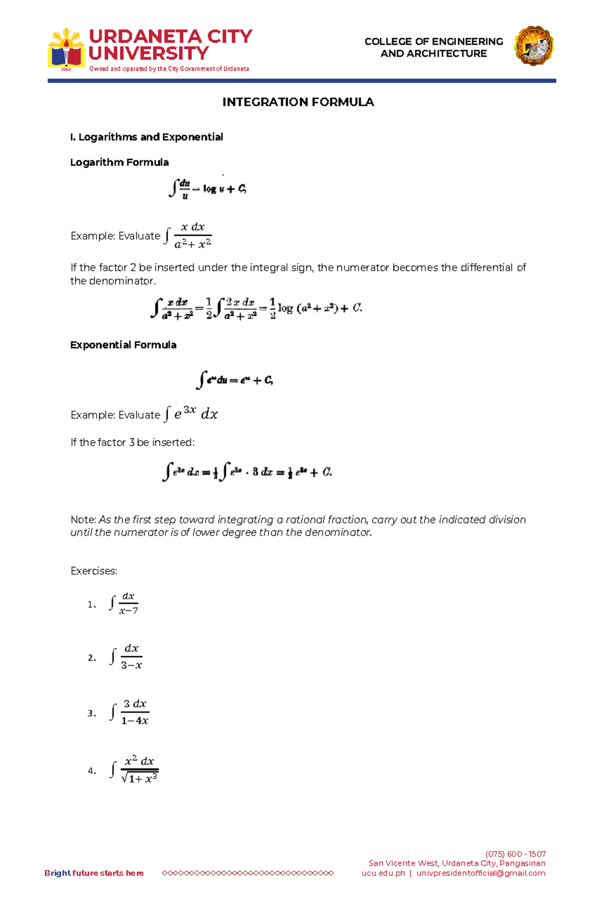 Integration Formula - Prelim Study Guide (Lesson 2) in Calculus 2 ...