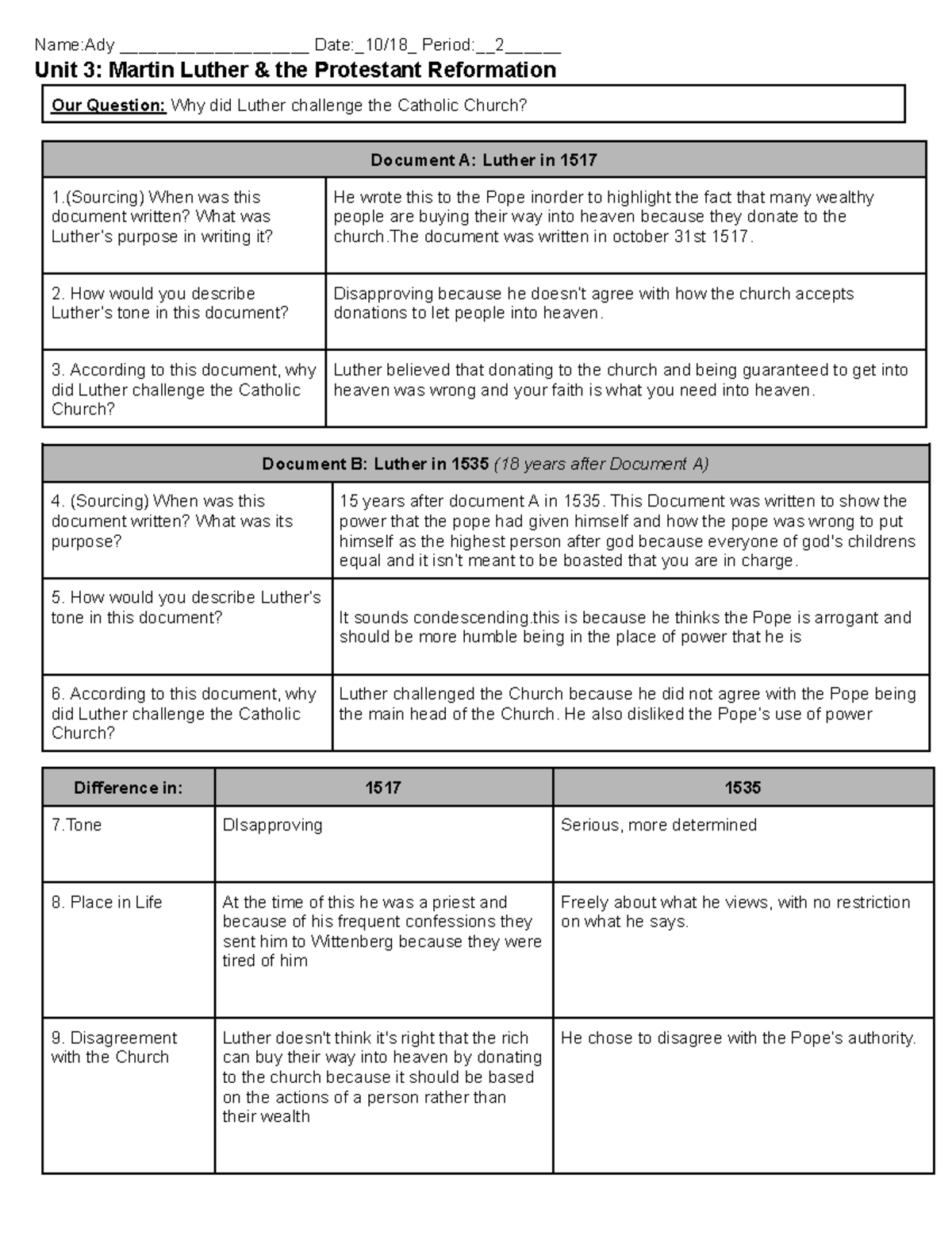Unit 3 Protestant Reformation Activity Student Handout - Name:Ady ...