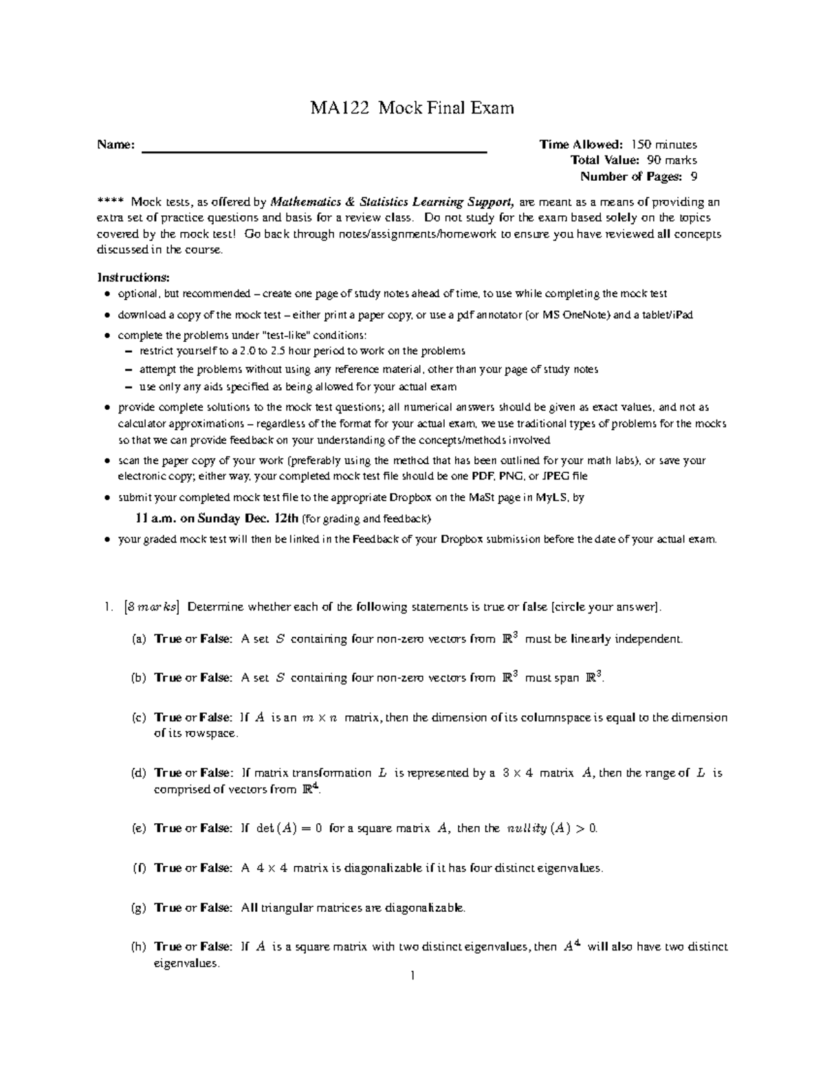 mock final for algebra for this course - MA122 Mock Final Exam Name ...