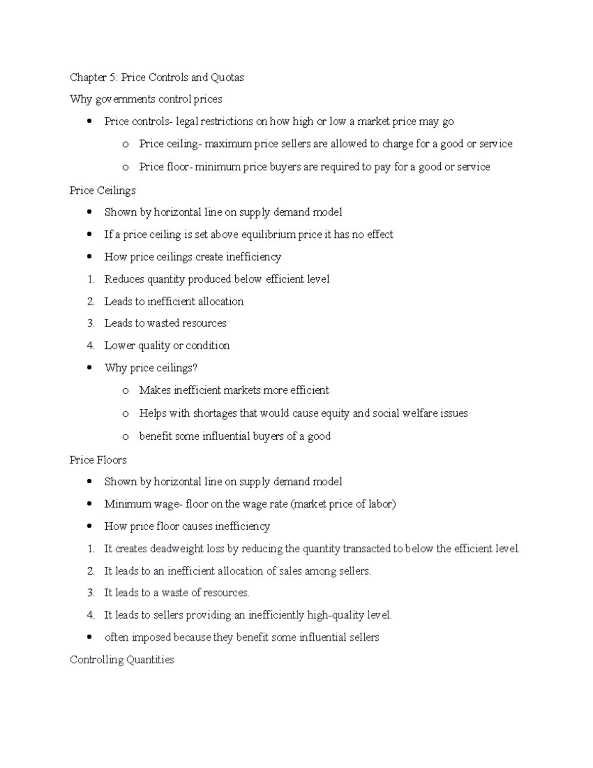 Econ Notes pt 2 - Multiple Chapters - Chapter 5: Price Controls and ...
