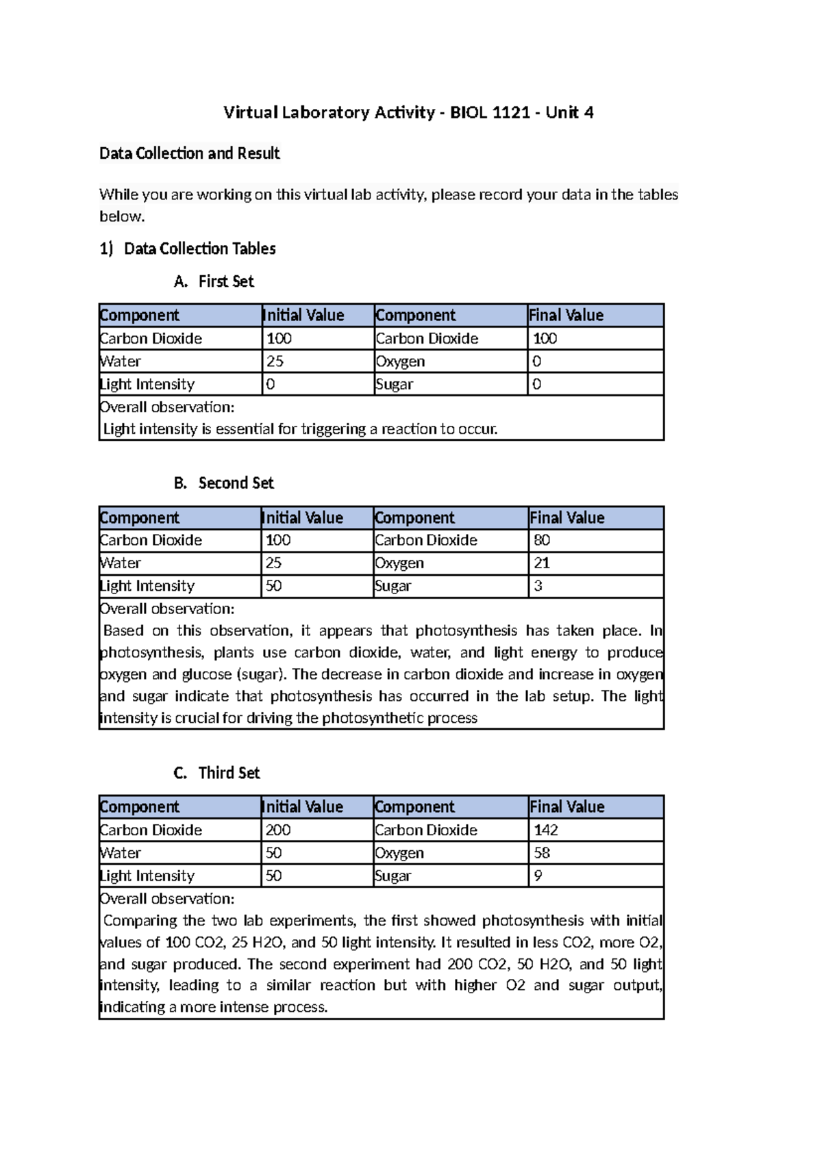Virtual Laboratory Activity Biol 1121 Unit 4 1 Data Collection Tables A First Set