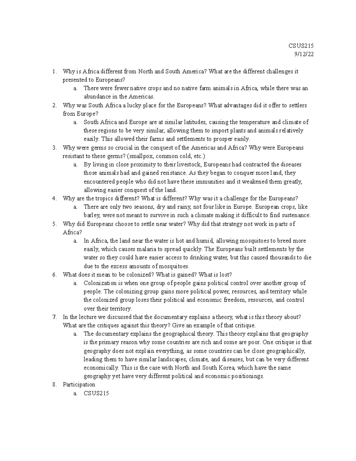 Assignment 2 CSUS 215 - CSUS 9/12/ Why is Africa different from North ...