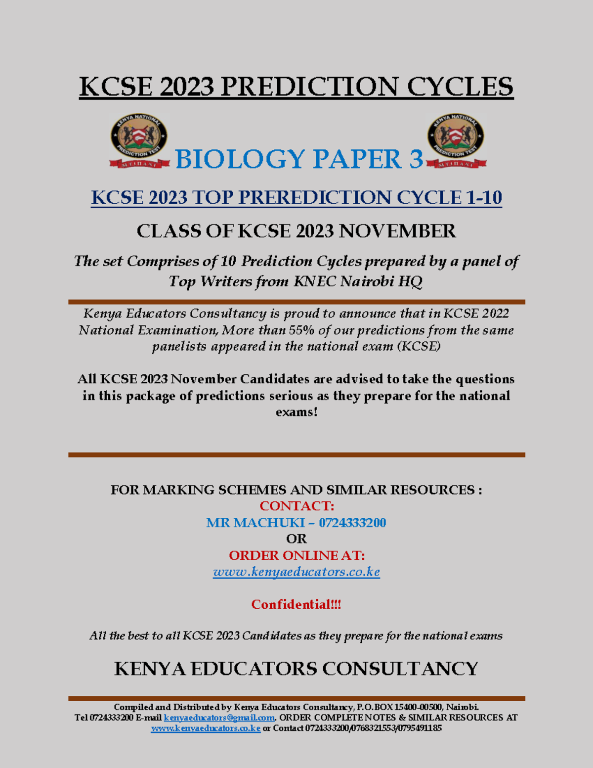 BIO PP3 Prediction Master Cycles - Compiled and Distributed by Kenya Educators Consultancy, P.O ...