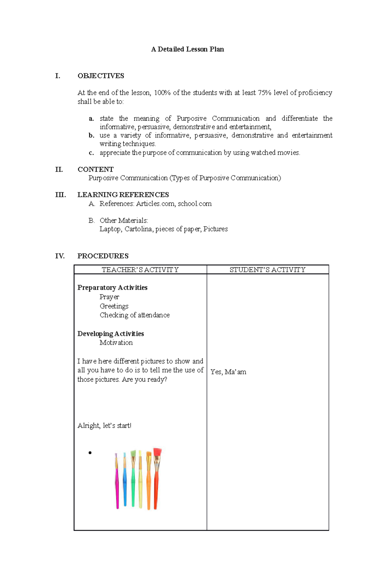 LP Pur Com - LESSON PLAN - A Detailed Lesson Plan I. OBJECTIVES At the ...