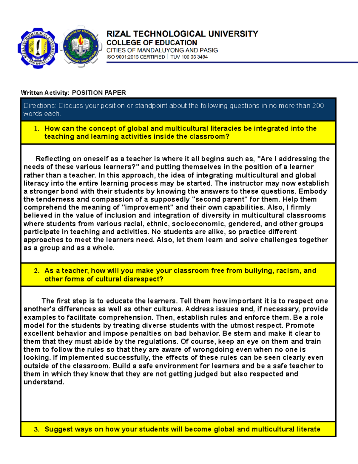Profed 9 Position Paper on Multicultural and Global Literacy - Written ...