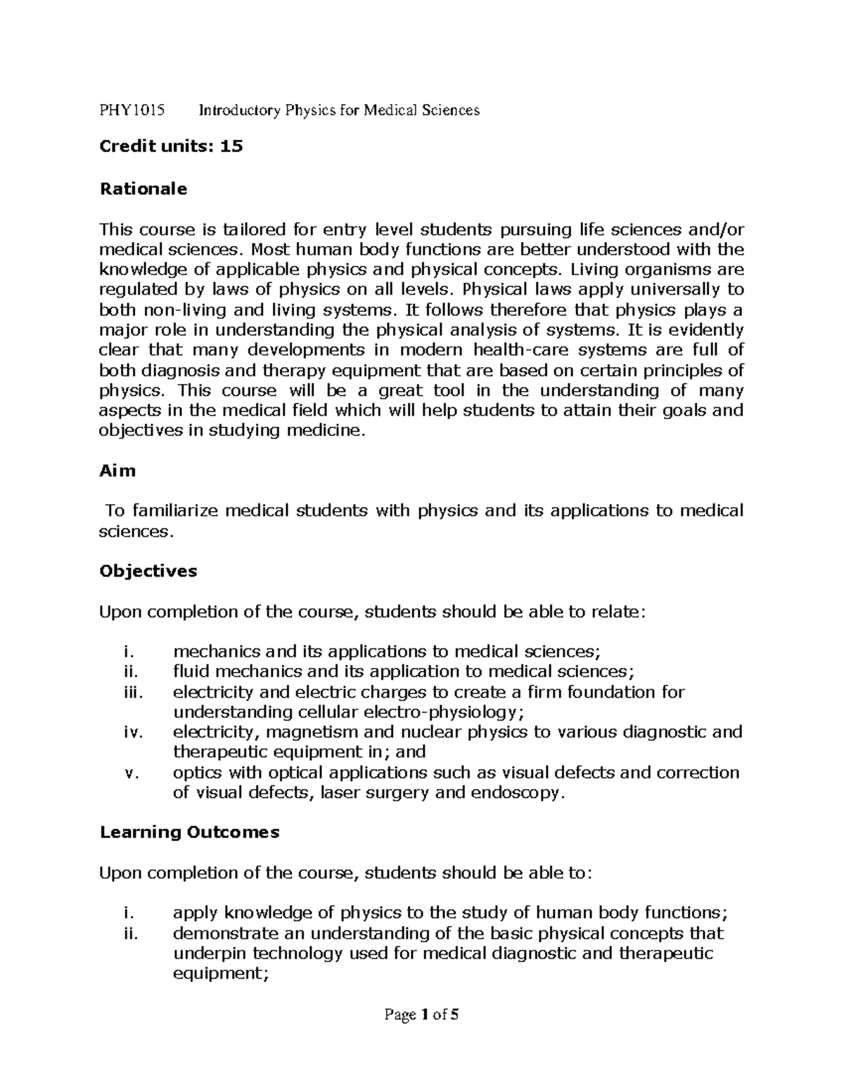 PHY1015 Physics for Medical Sciences - PHY1015 Introductory Physics for Medical Sciences Credit ...