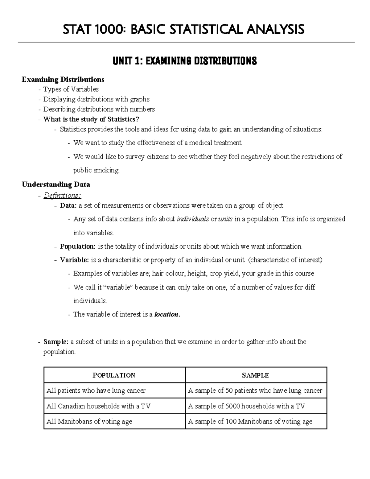STAT 1000 - Lecture notes 1-4 - STAT 1000: BASIC STATISTICAL ANALYSIS ...