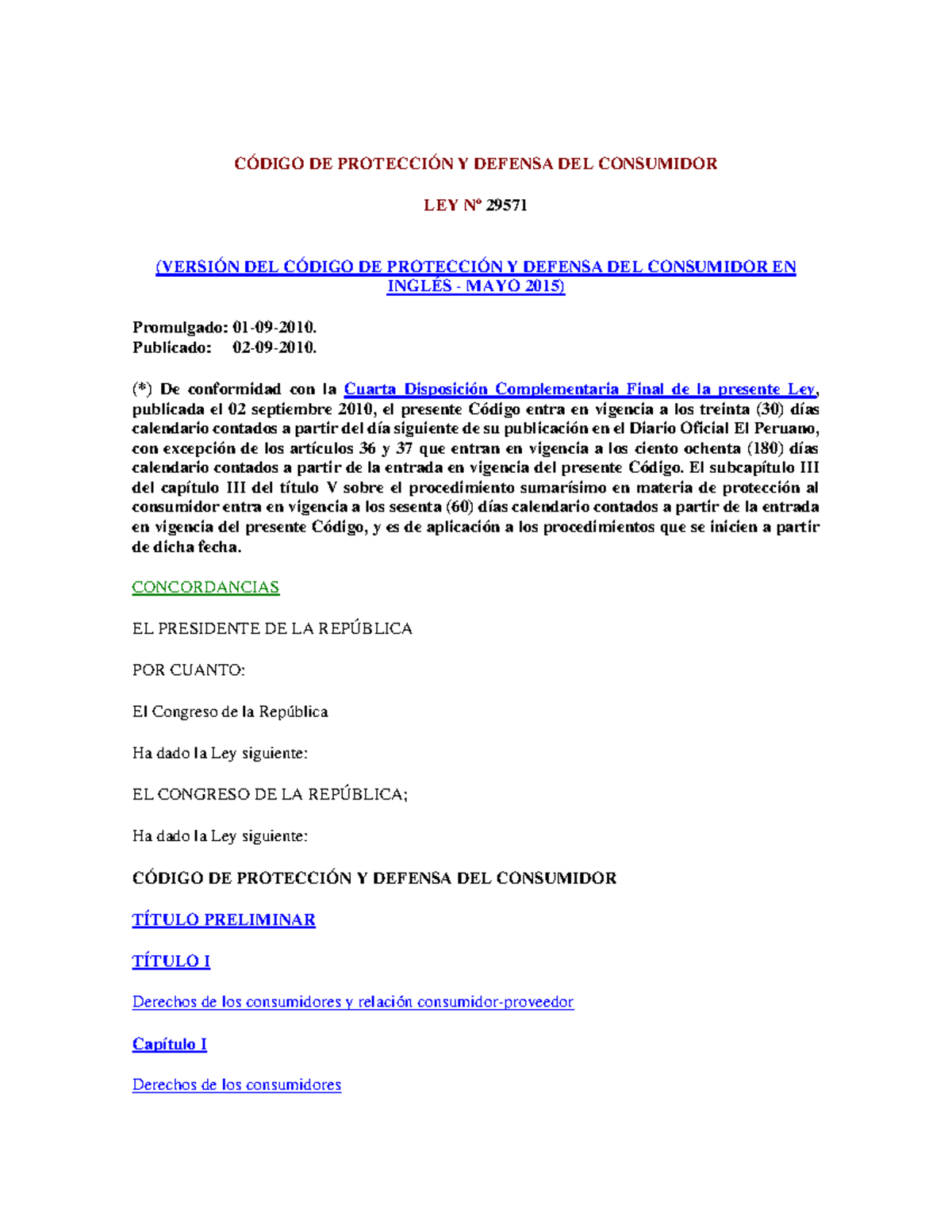 Código Consumo Ley29571 - CÓDIGO DE PROTECCIÓN Y DEFENSA DEL CONSUMIDOR LEY Nº 29571 (VERSIÓN ...