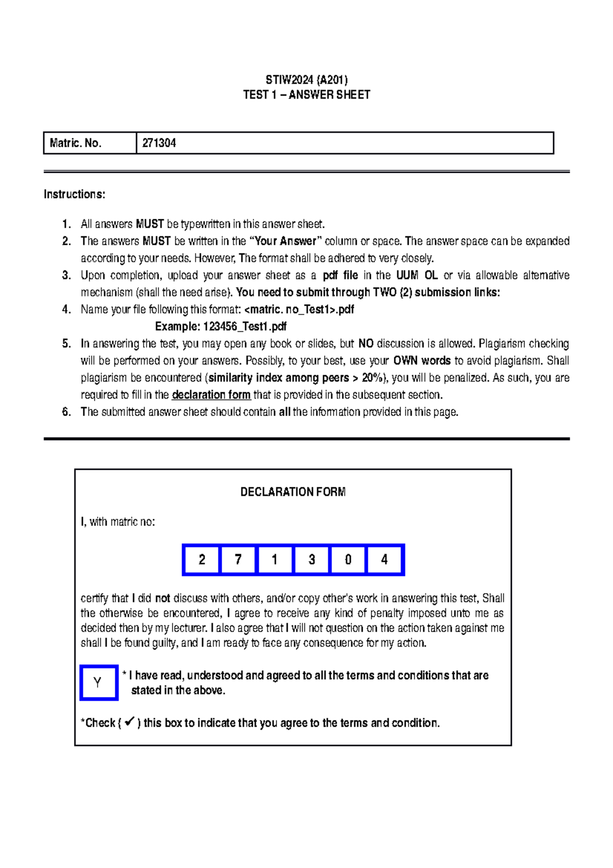271304 Test1 - SOFTWARE ENGINEERING TEST EXAM - STIW2024 (A201) TEST 1 ...