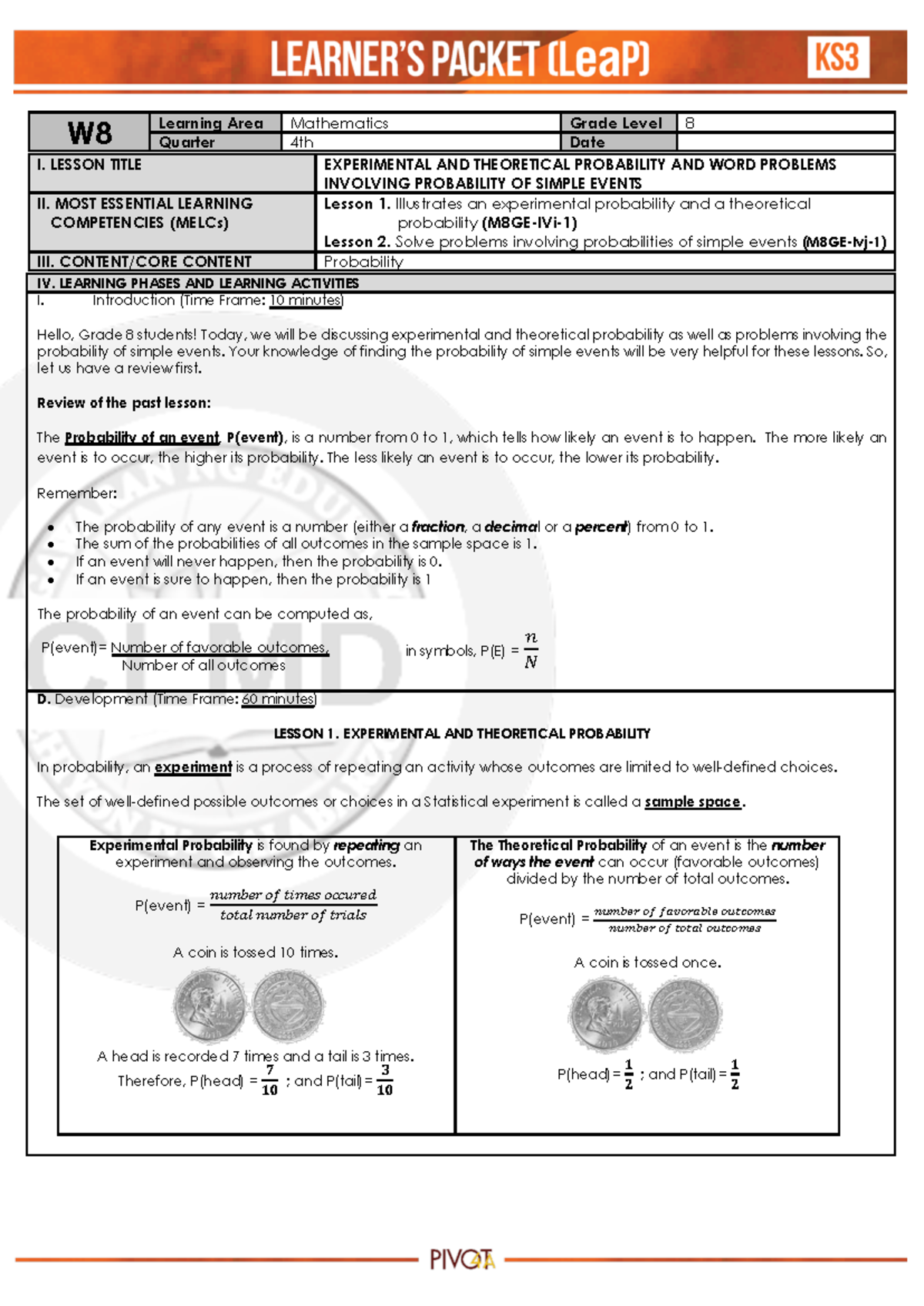 Q4 Math 8 Week 8 - Lesson Plan - W 8 Learning Area Mathematics Grade ...