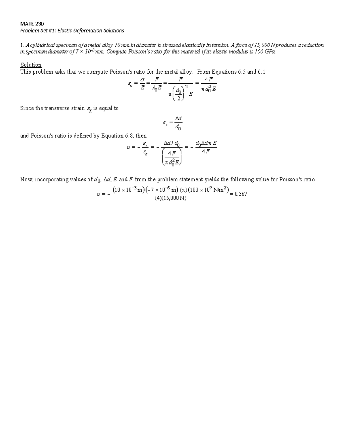 Problem Set 1 Elastic Deformation Solutions - MATE 230 Problem Set #1: Elastic Deformation ...