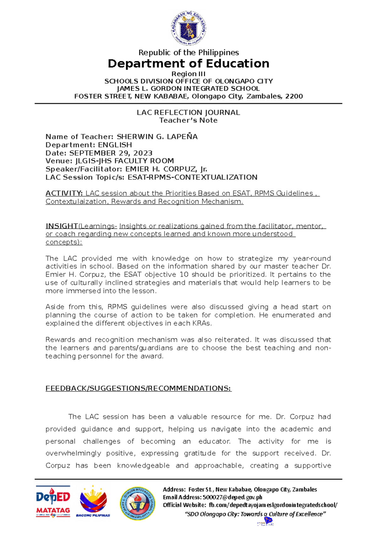 Reflection- Notes - Relection note - Republic of the Philippines ...