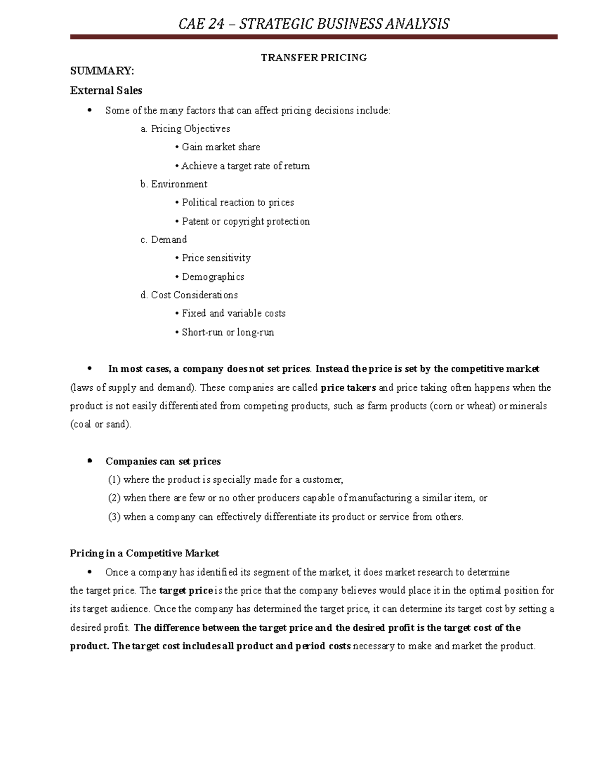 VI. Transfer Pricing (Chapter 8) - TRANSFER PRICING SUMMARY: External ...