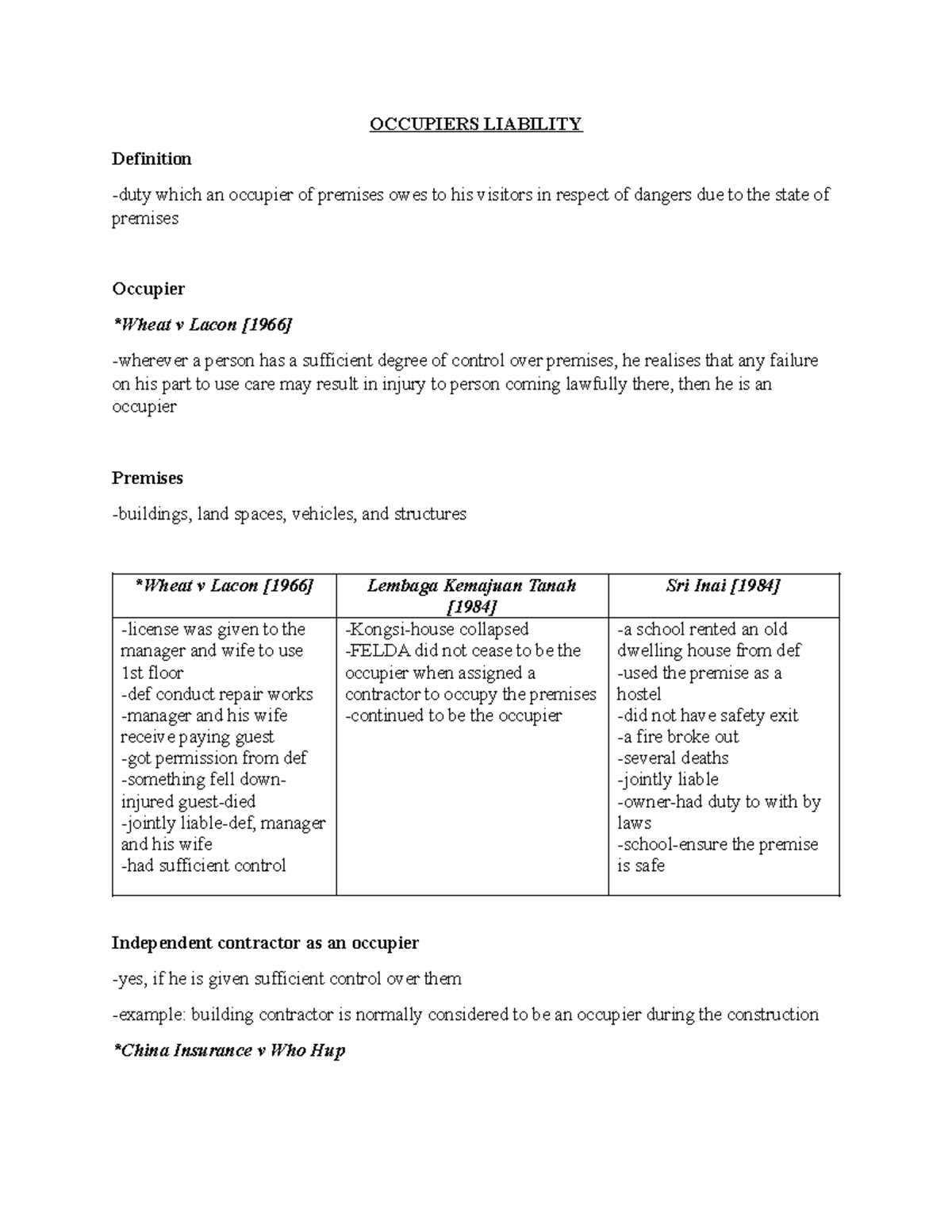 Occupiers Liability Notes - OCCUPIERS LIABILITY Definition -duty which ...
