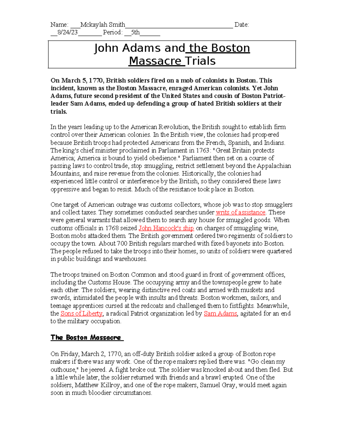 John Adams-Boston Massacre 2 - 8/24/23_____ Period: 5th____ John Adams ...