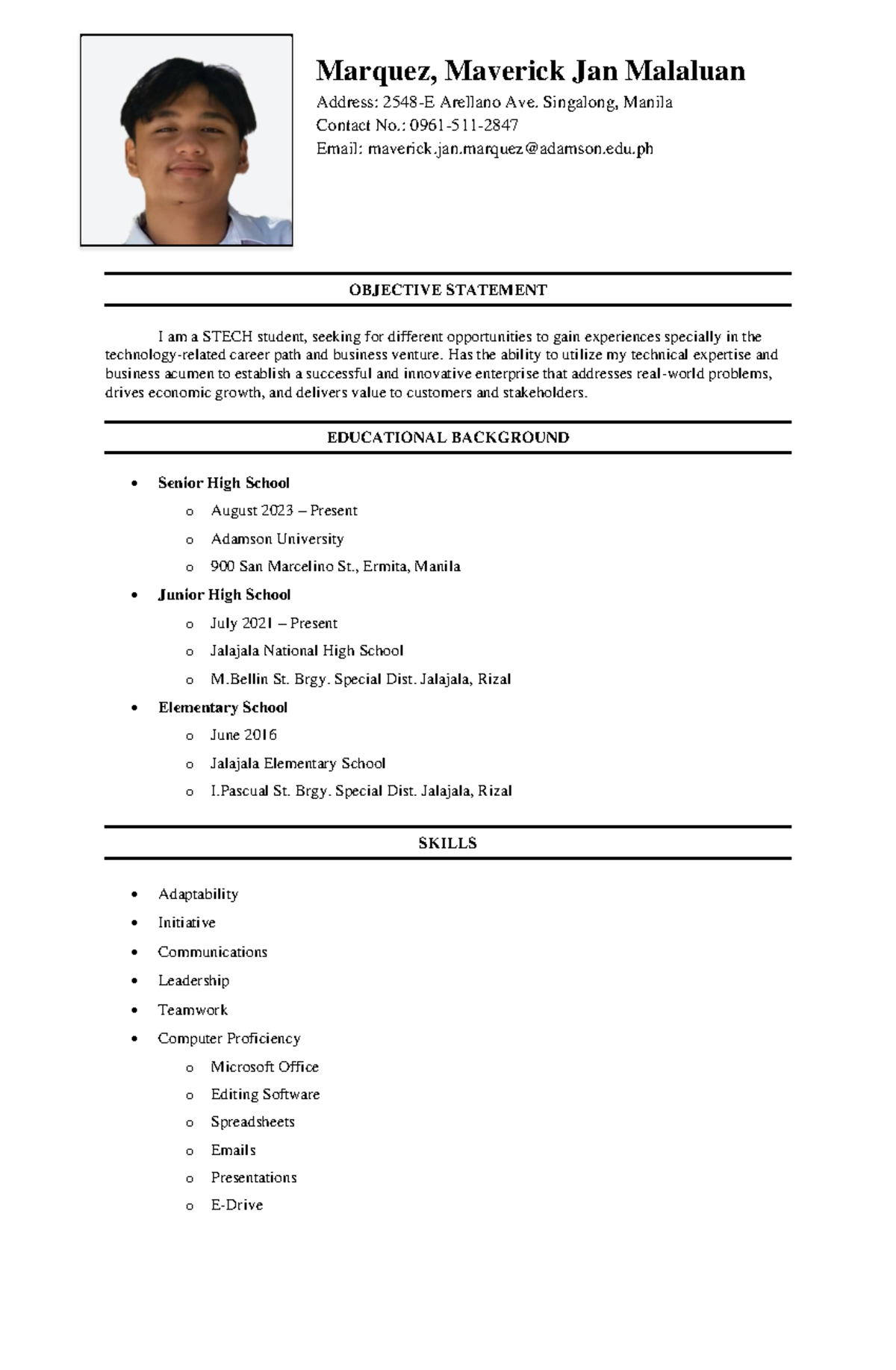 Marquez entrep-resume - Marquez, Maverick Jan Malaluan Address: 2548-E Arellano Ave. Singalong ...