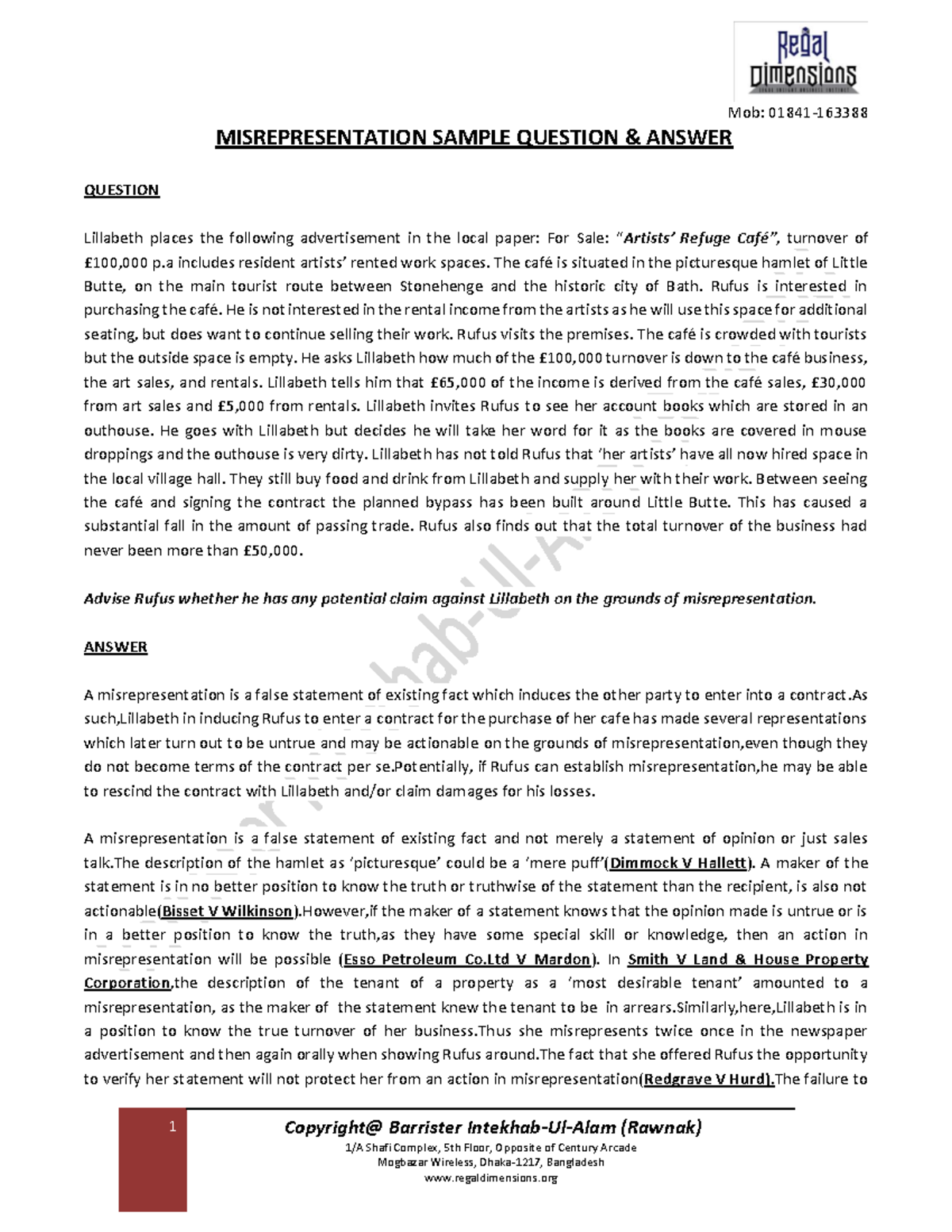 Misrepresentation sample answer - Mob: 01841- 1 Copyright@ Barrister Intekhab-Ul-Alam (Rawnak) 1 ...